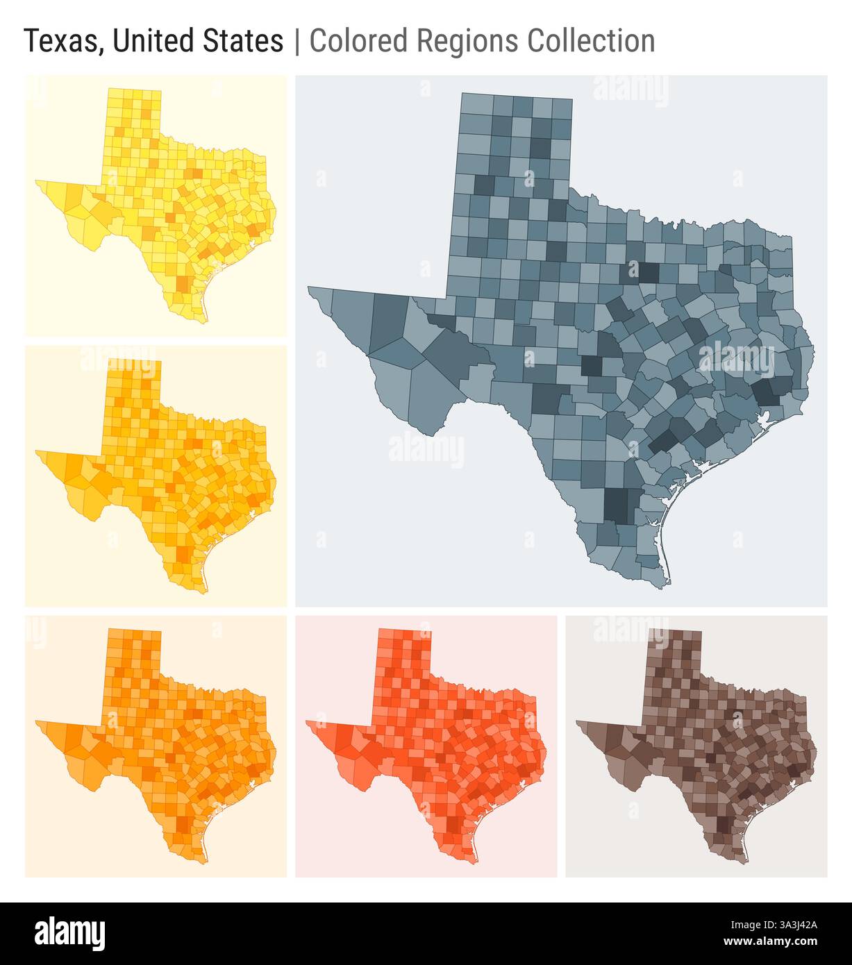 Texas, United States. Map collection. State shape. Colored counties ...