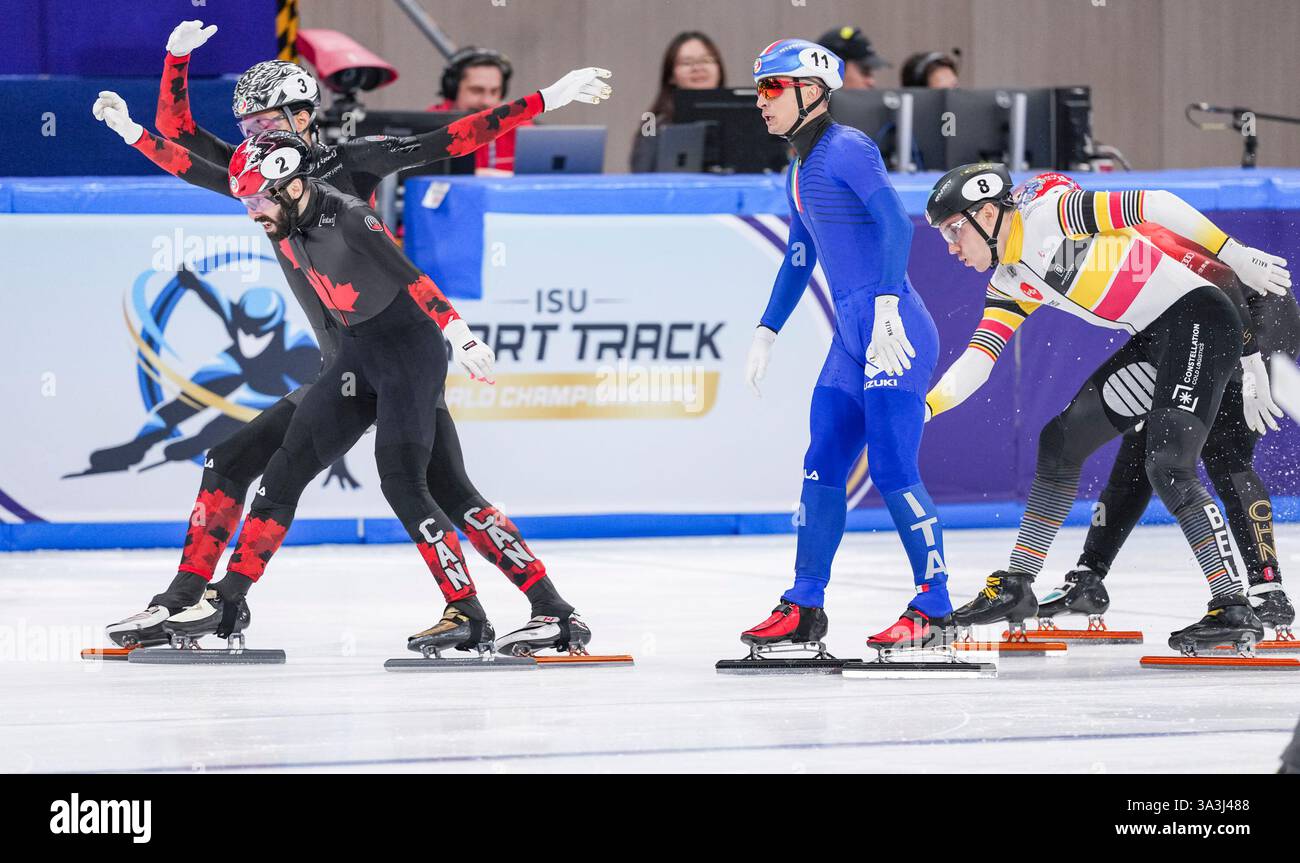 Beijing, China. 16th Mar, 2025. Skaters compete during the men's 1000m ...