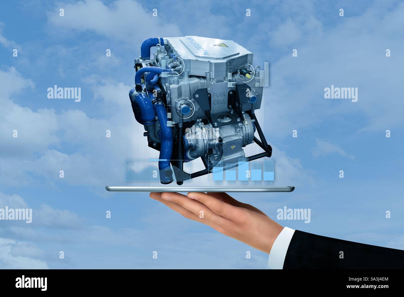 Engineer holds digital tablet with projection of hydrogen fuel cell ...