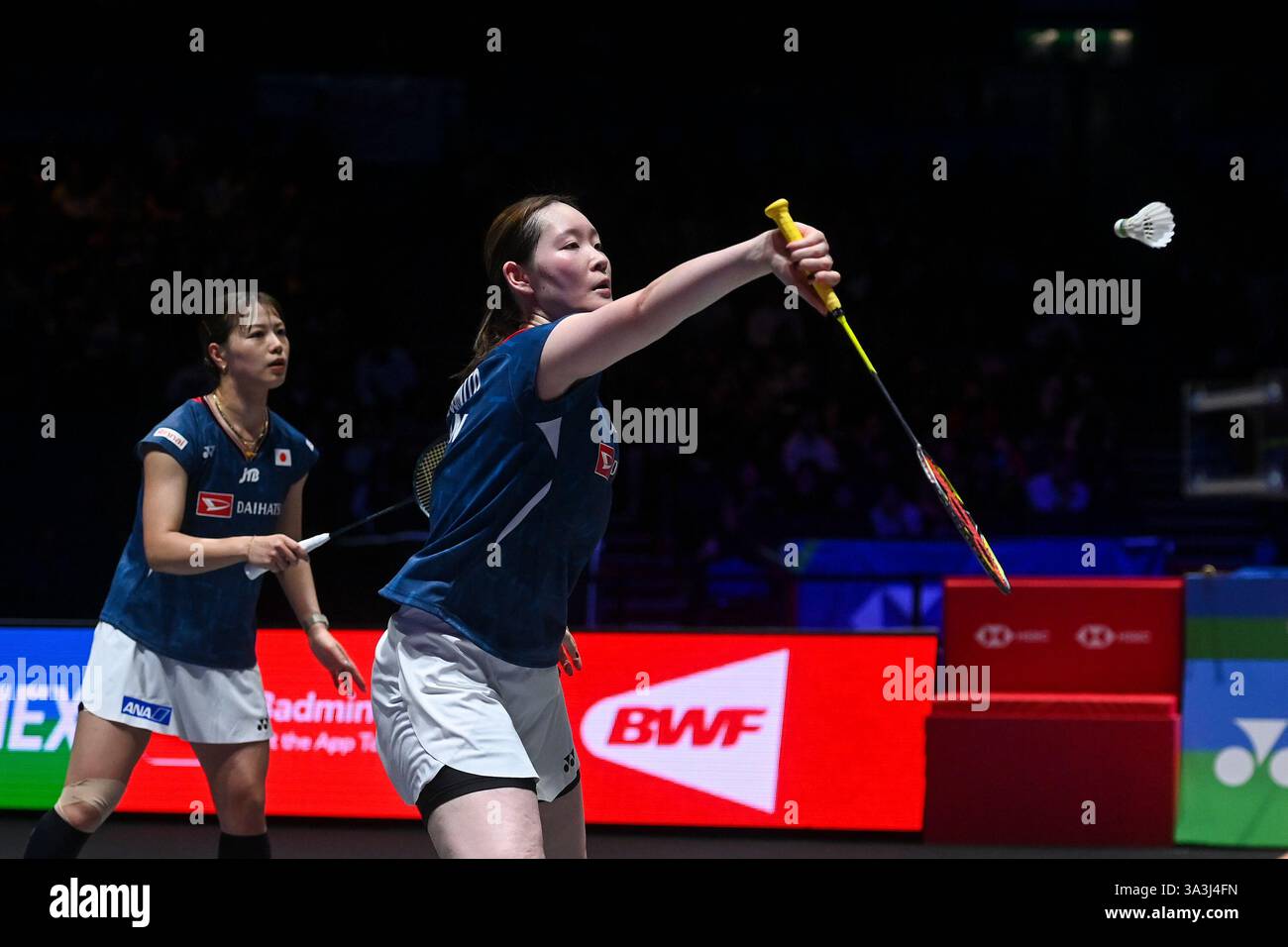 Birmingham, Britain. 16th Mar, 2025. Matsumoto Mayu (R)/Fukushima Yuki compete during the women ...