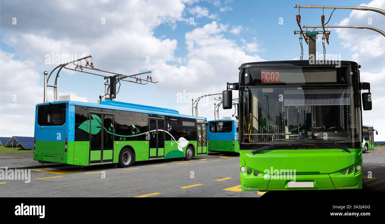 Electric buses at a stop are charged by pantograph. Solar panels in the ...