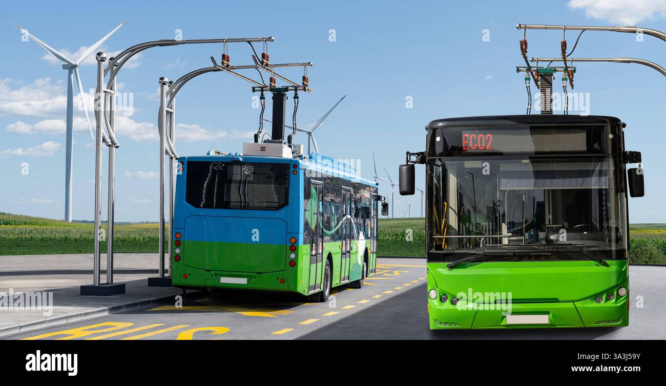 Electric bus at a stop is charged by pantograph. Clean mobility Stock Photo - Alamy