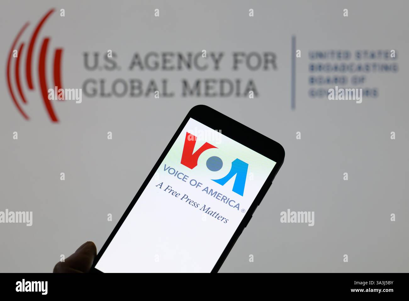 Brussels, Belgium. 16th Mar, 2025. The Voice Of America (VOA) logo is ...
