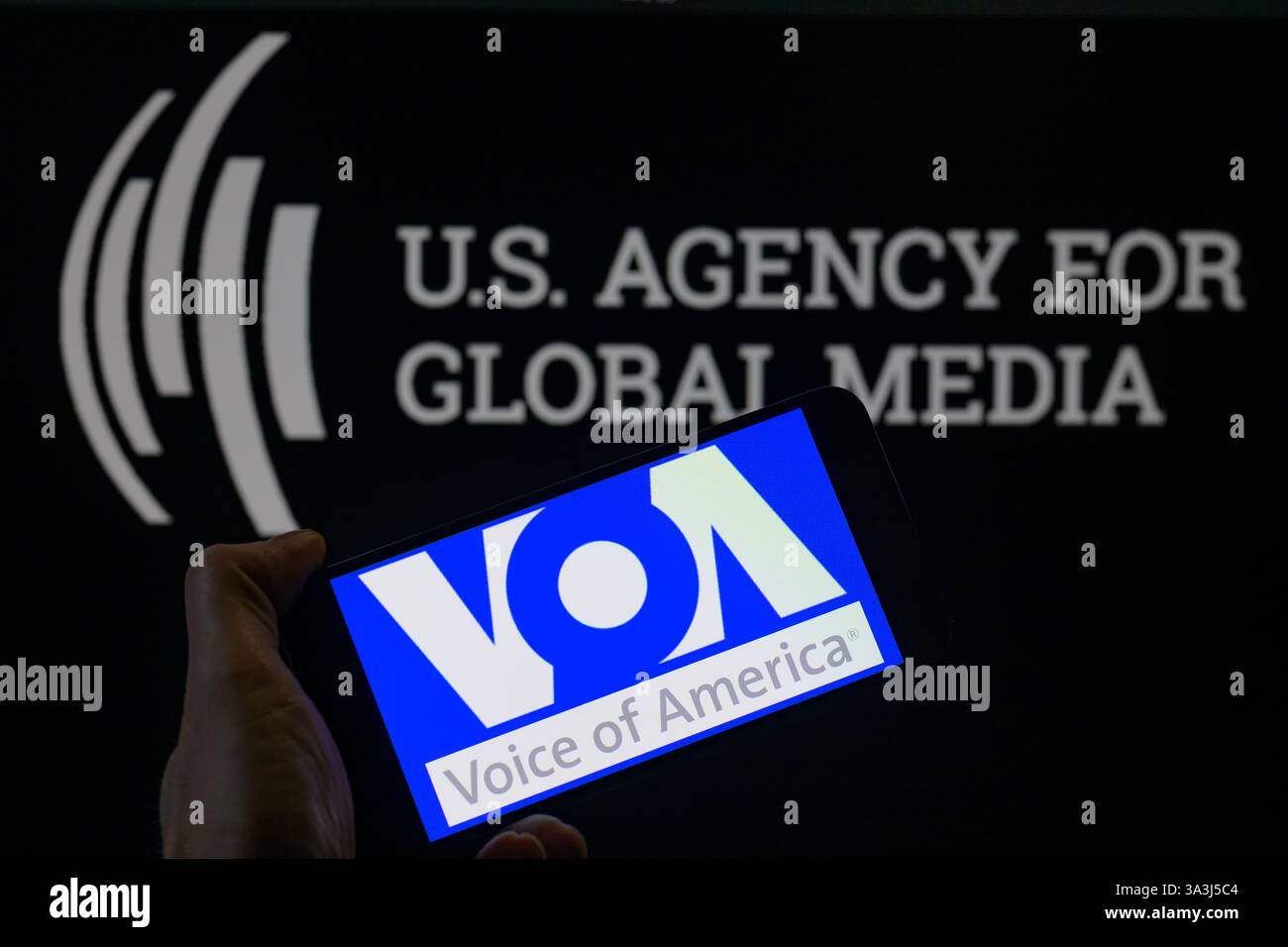 Brussels, Belgium. 16th Mar, 2025. The Voice Of America (VOA) logo is ...