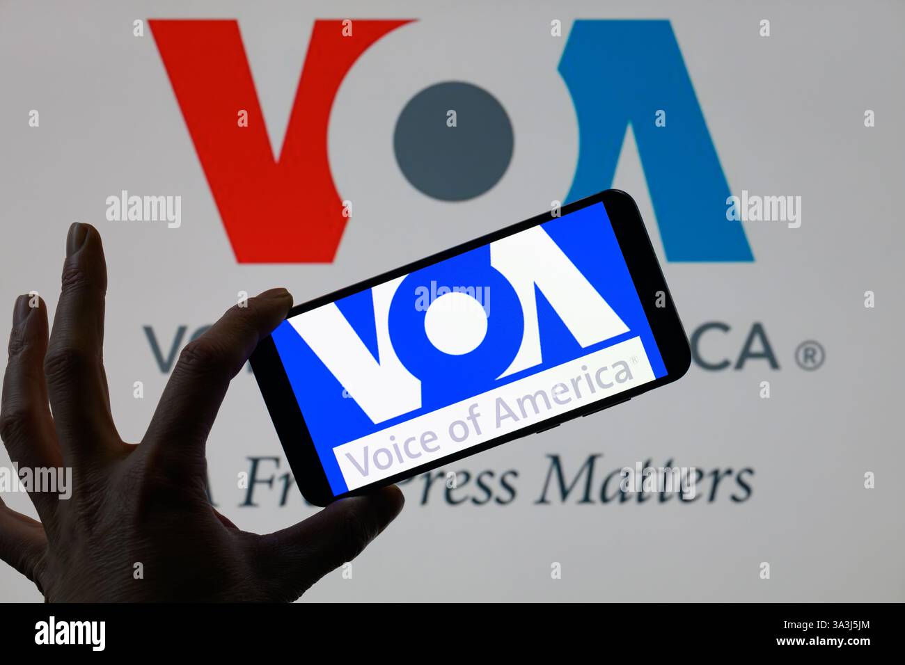Brussels, Belgium. 16th Mar, 2025. The Voice Of America (VOA) logo is ...