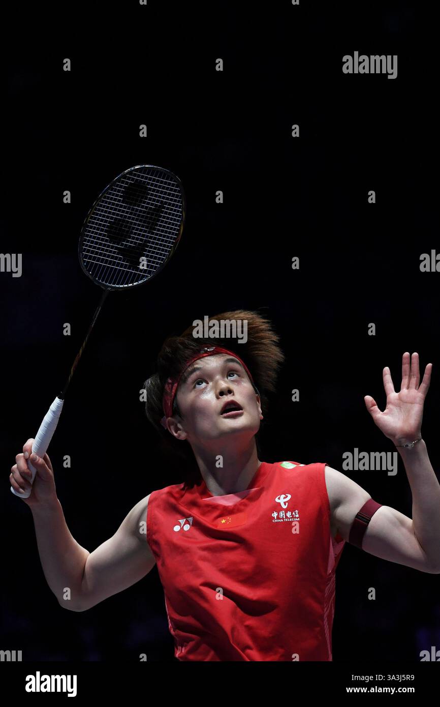 China's Wang Zhi Yi plays against South Korea's Young An Se during the women's singles final ...