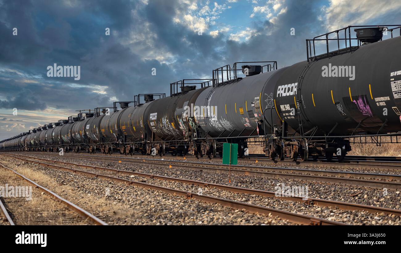 A freight train with tanker cars on rail tracks Ontario Canada Stock ...