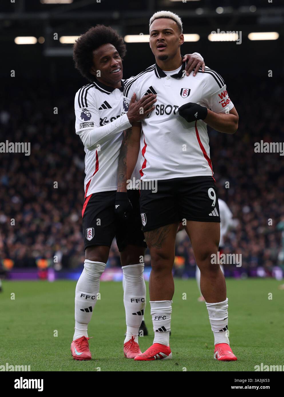 London, UK. 16th Mar, 2025. Rodrigo Muniz of Fulham celebrates after ...