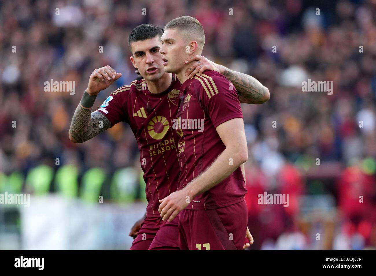 Rome, Italy. 16th Mar, 2025. Artem Dovbyk of AS Roma celebrates with ...