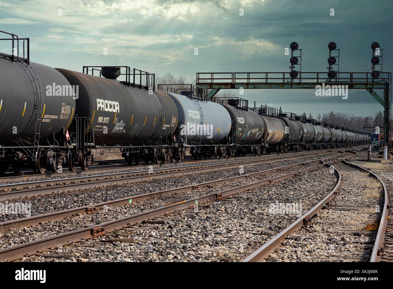 A freight train with tanker cars on rail tracks Ontario Canada Stock ...