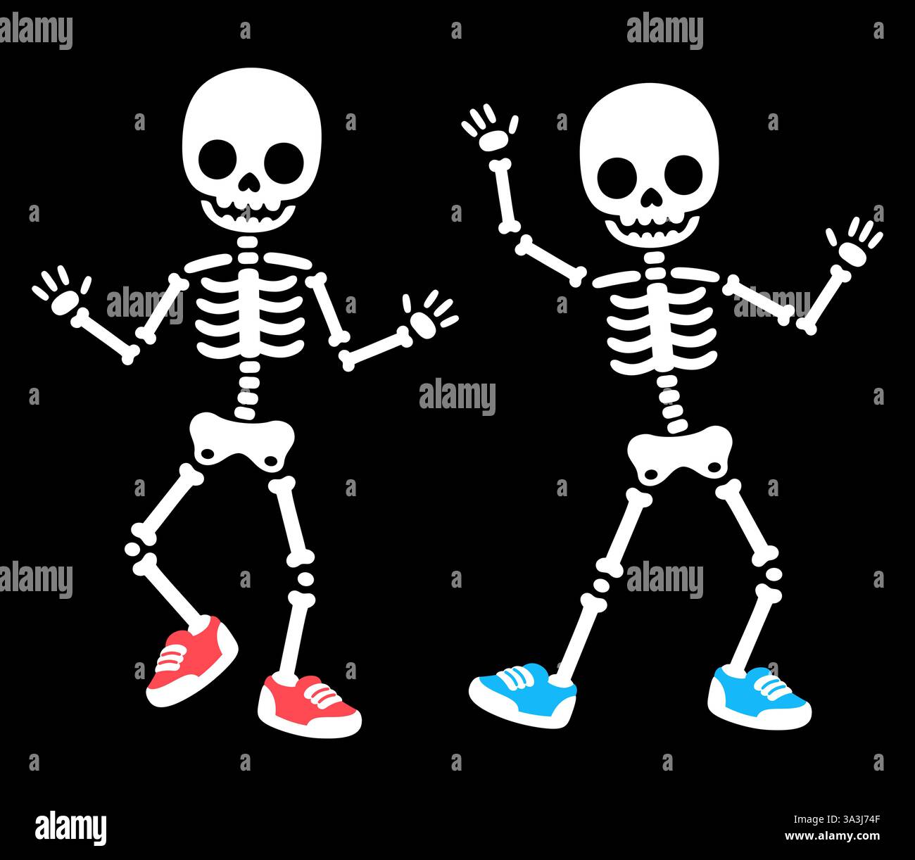 Funny cartoon dancing skeletons wearing sneakers on black background ...