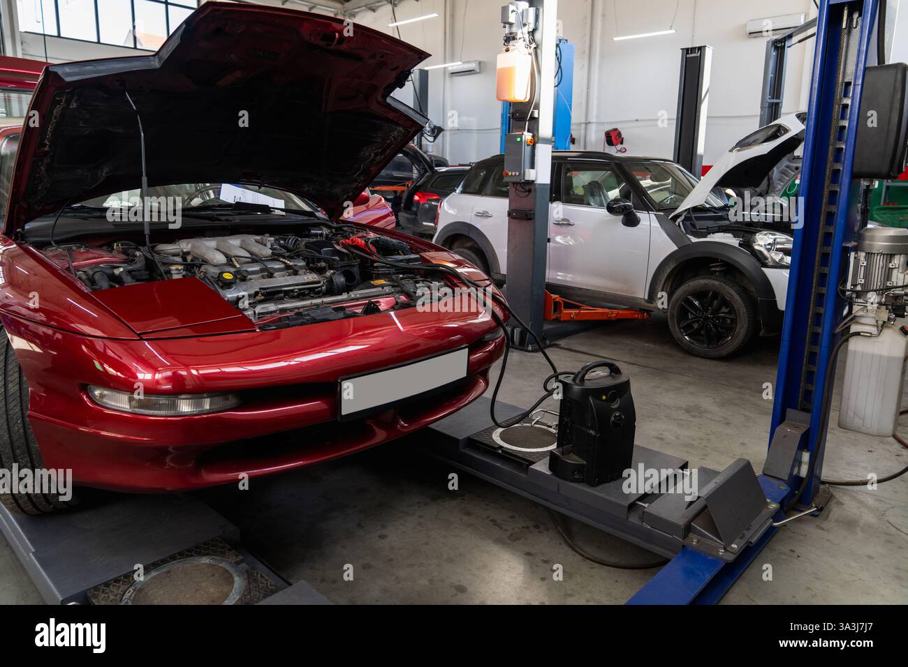 Car service workshop with cars on a column lifts Stock Photo - Alamy