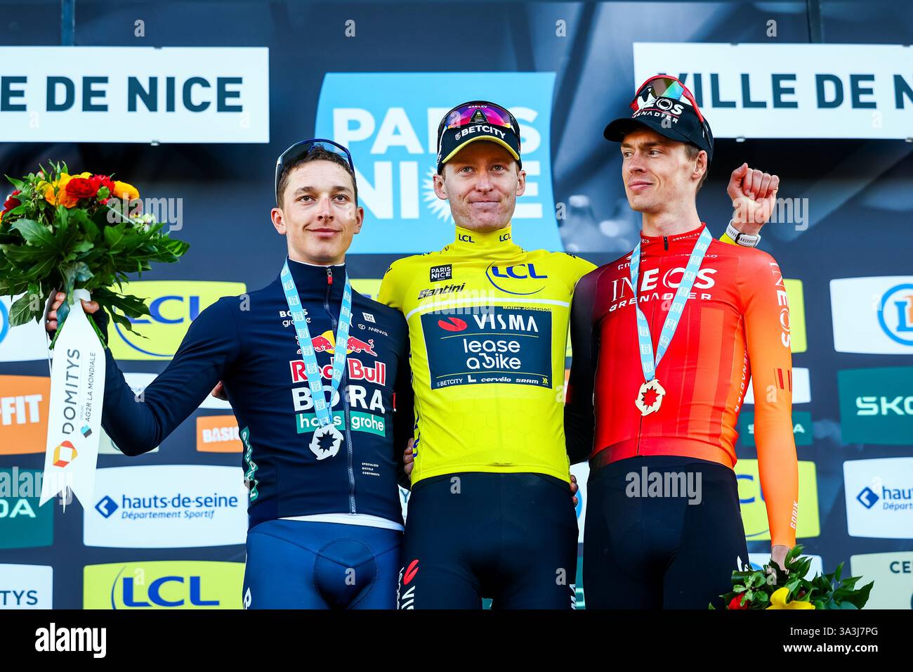 Nice, France. 16th Mar, 2025. German Florian Lipowitz of RedBull-BORA-hansgrohe, American Matteo ...