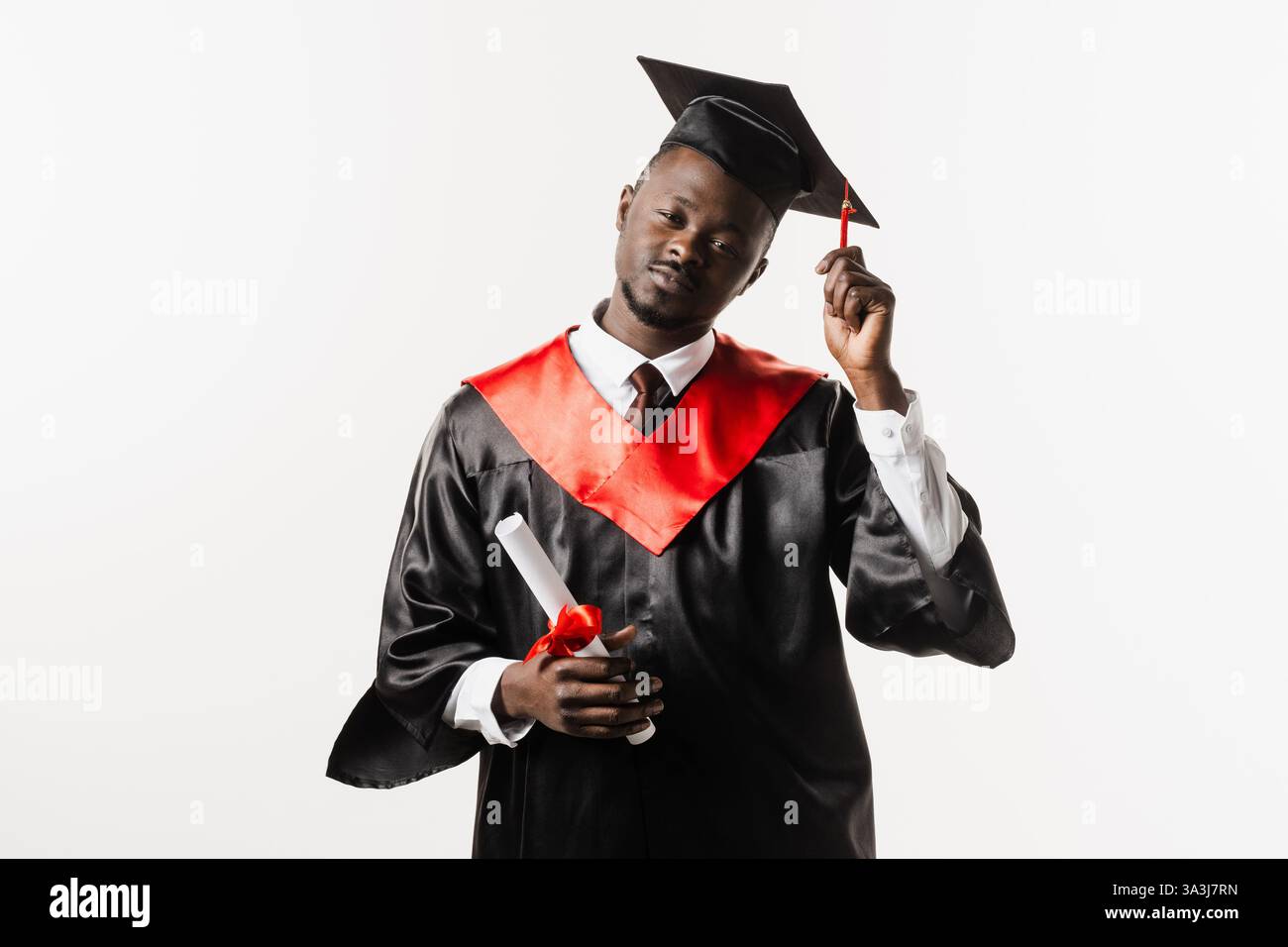 Graduation. Happy african man smiling and holding diploma with honors ...