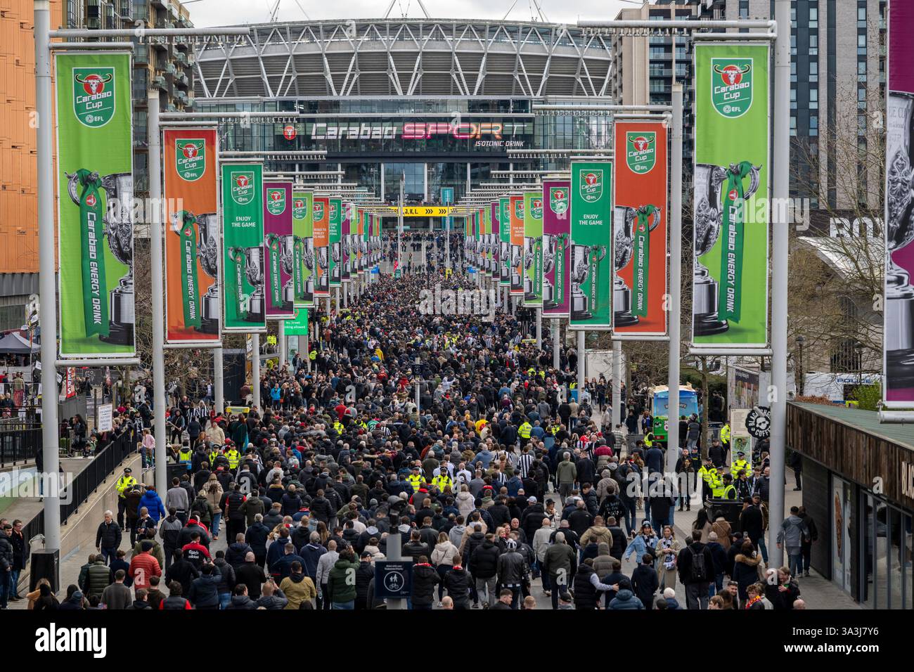 London, UK. 16 April 2025. Fans arrive on Olympic Way for Wembley ...