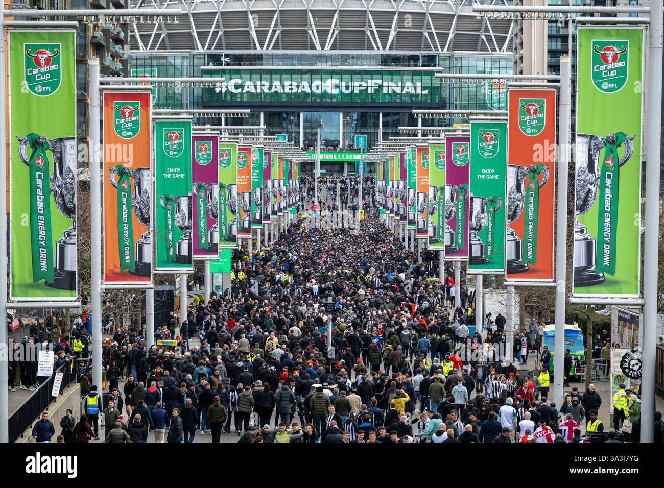 London, UK. 16 April 2025. Fans arrive on Olympic Way for Wembley ...