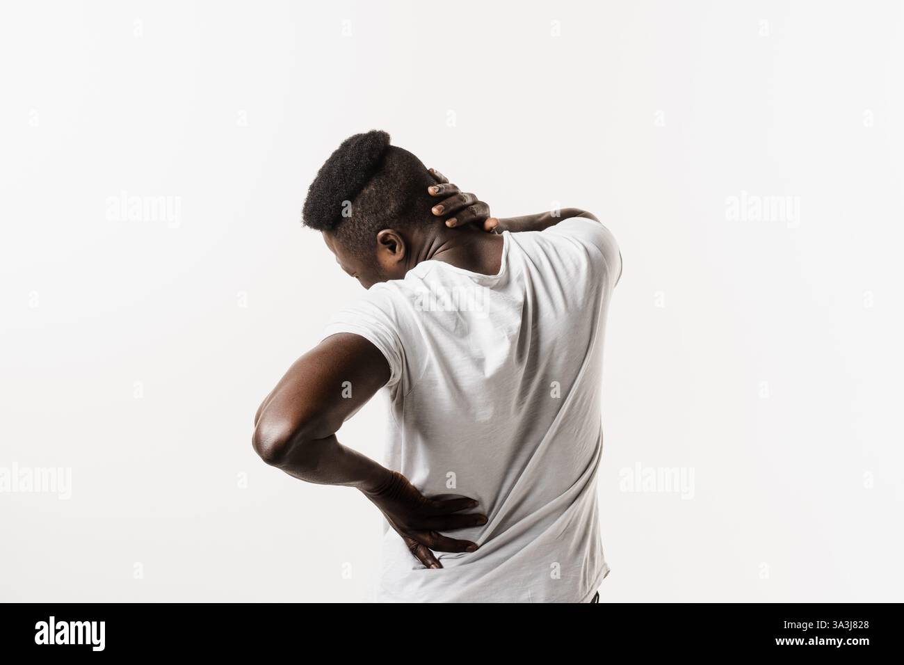 Rachiocampsis bachache and neck pain of african american man on white ...
