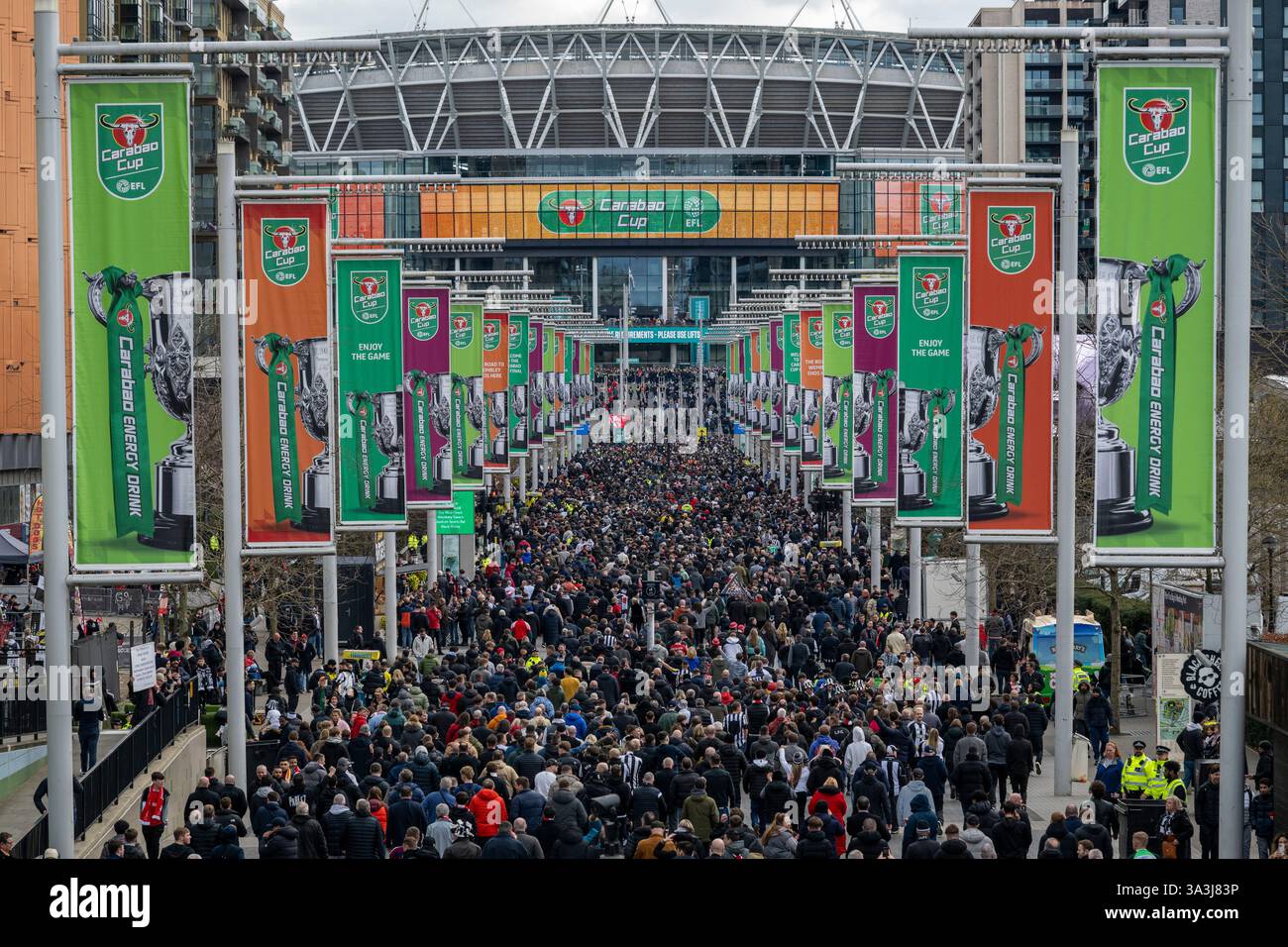 London, UK. 16 April 2025. Fans arrive on Olympic Way for Wembley ...
