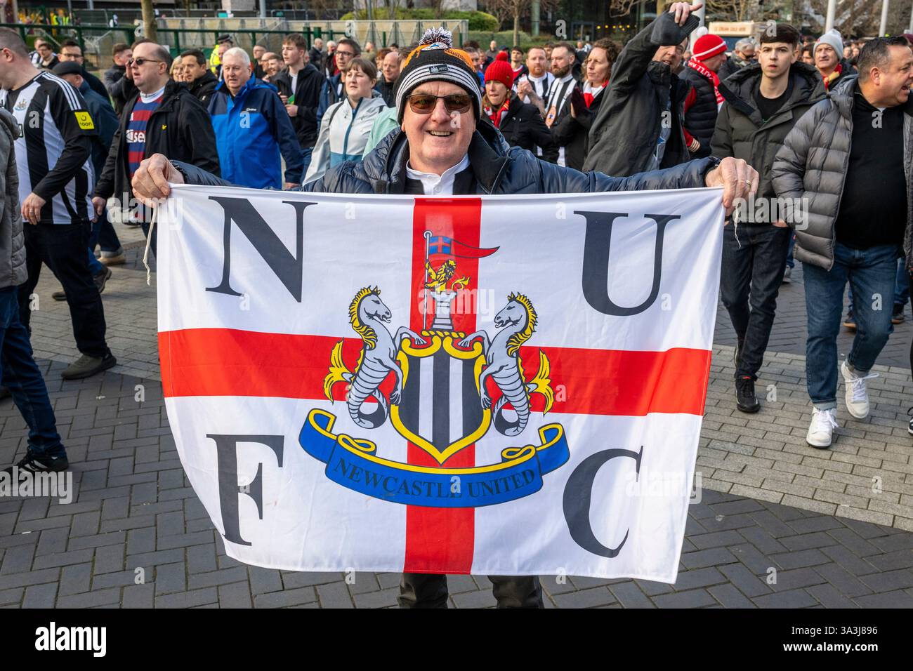 London, UK. 16 April 2025. Fans arrive on Olympic Way for Wembley ...