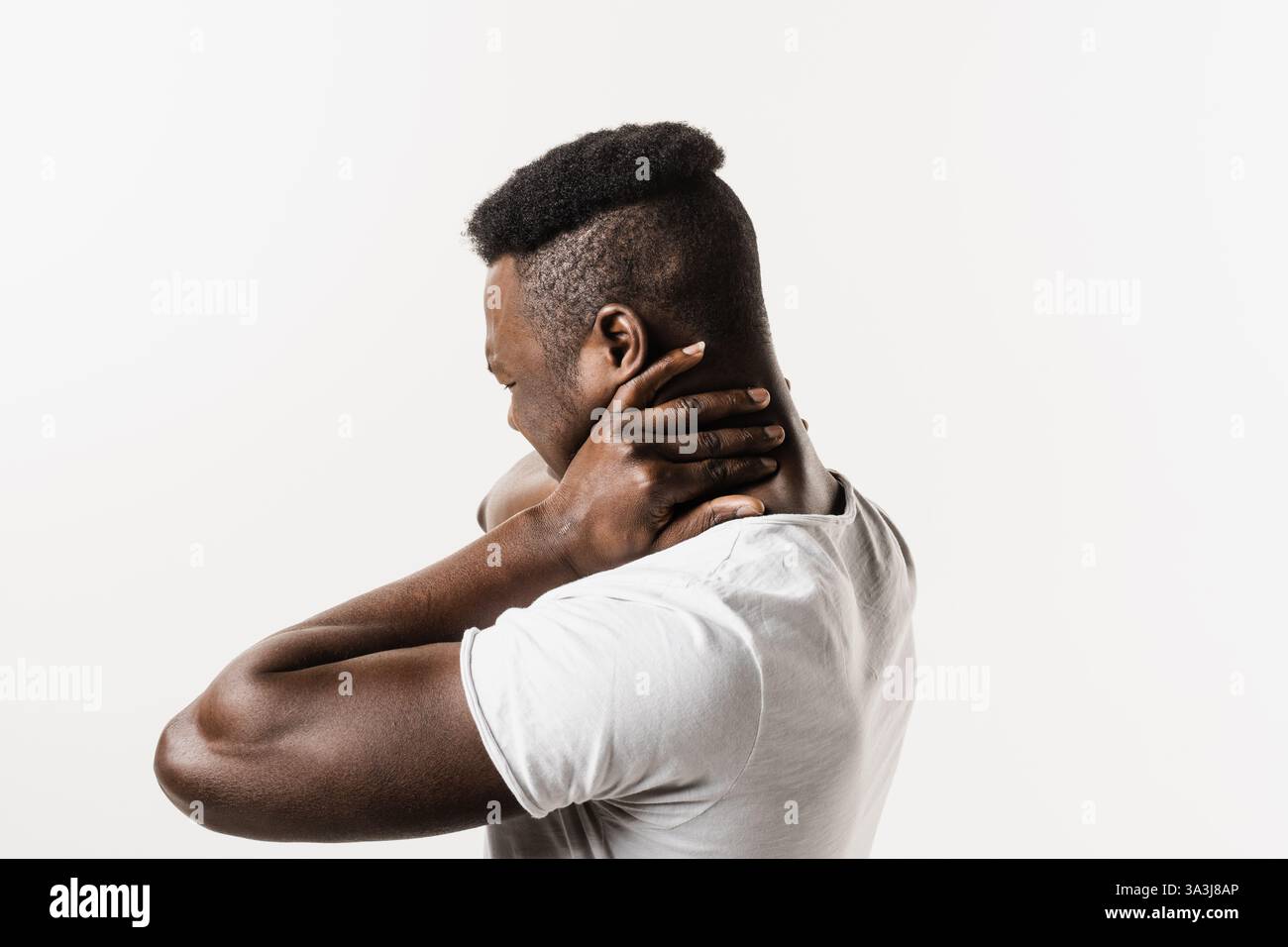 Rachiocampsis bachache and neck pain of african american man on white ...