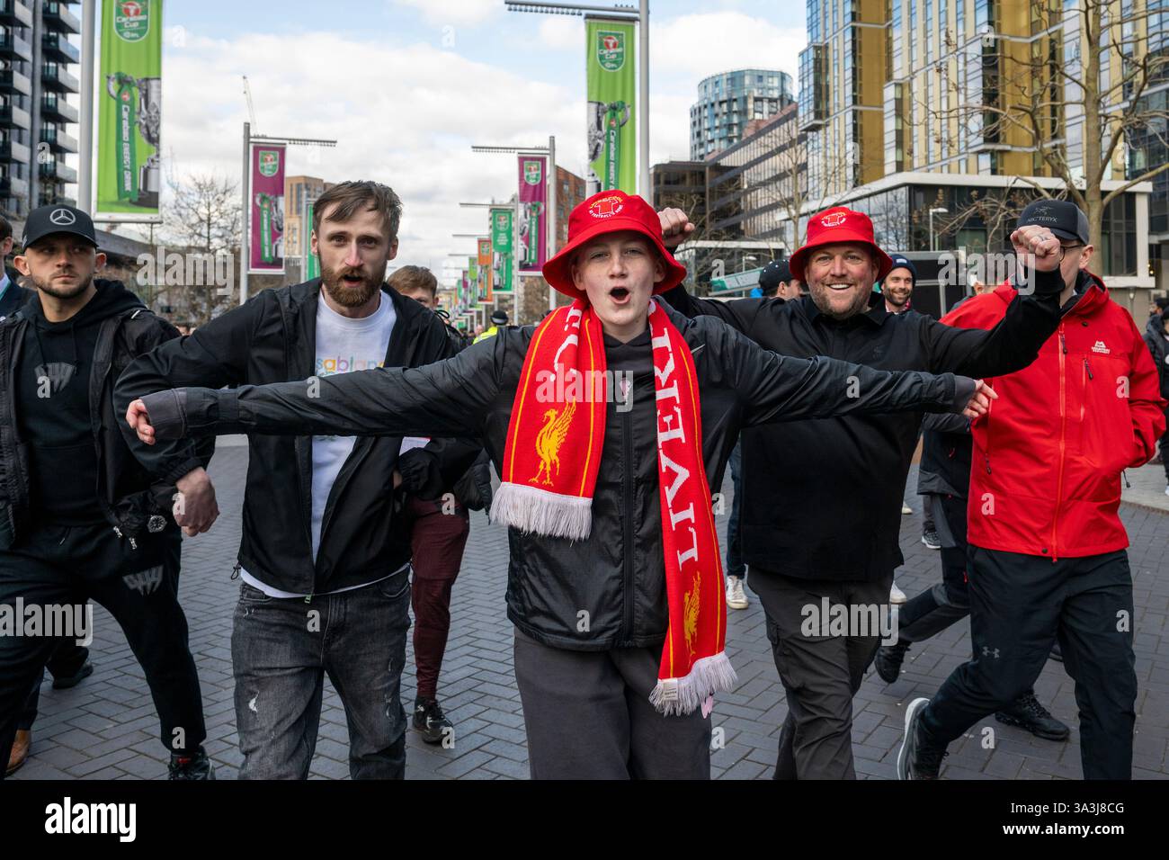 London, UK. 16 April 2025. Fans arrive on Olympic Way for Wembley ...