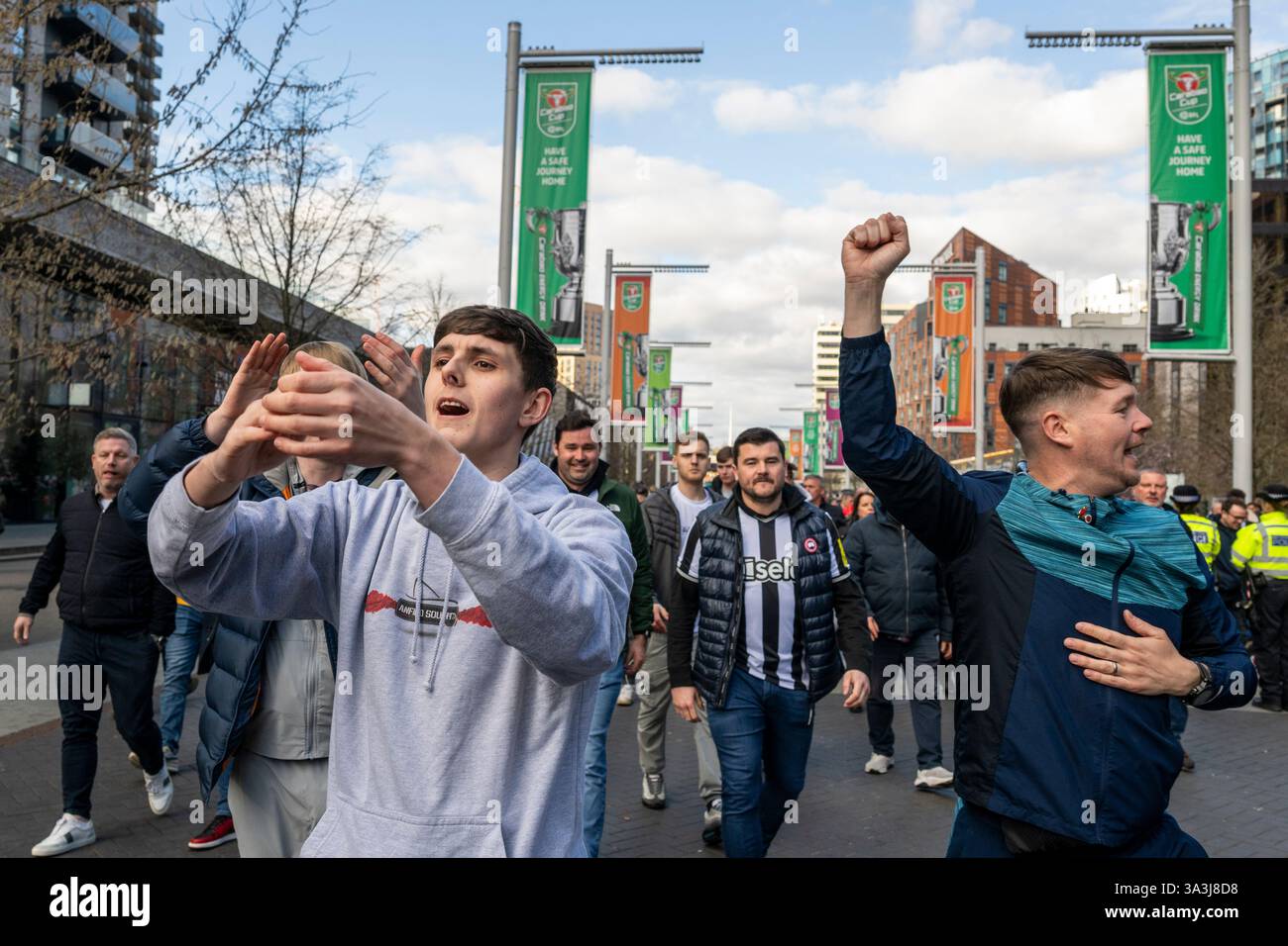 London, UK. 16 April 2025. Fans arrive on Olympic Way for Wembley ...
