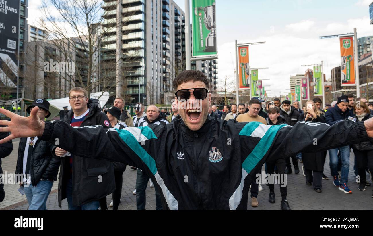 London, UK. 16 April 2025. Fans arrive on Olympic Way for Wembley ...