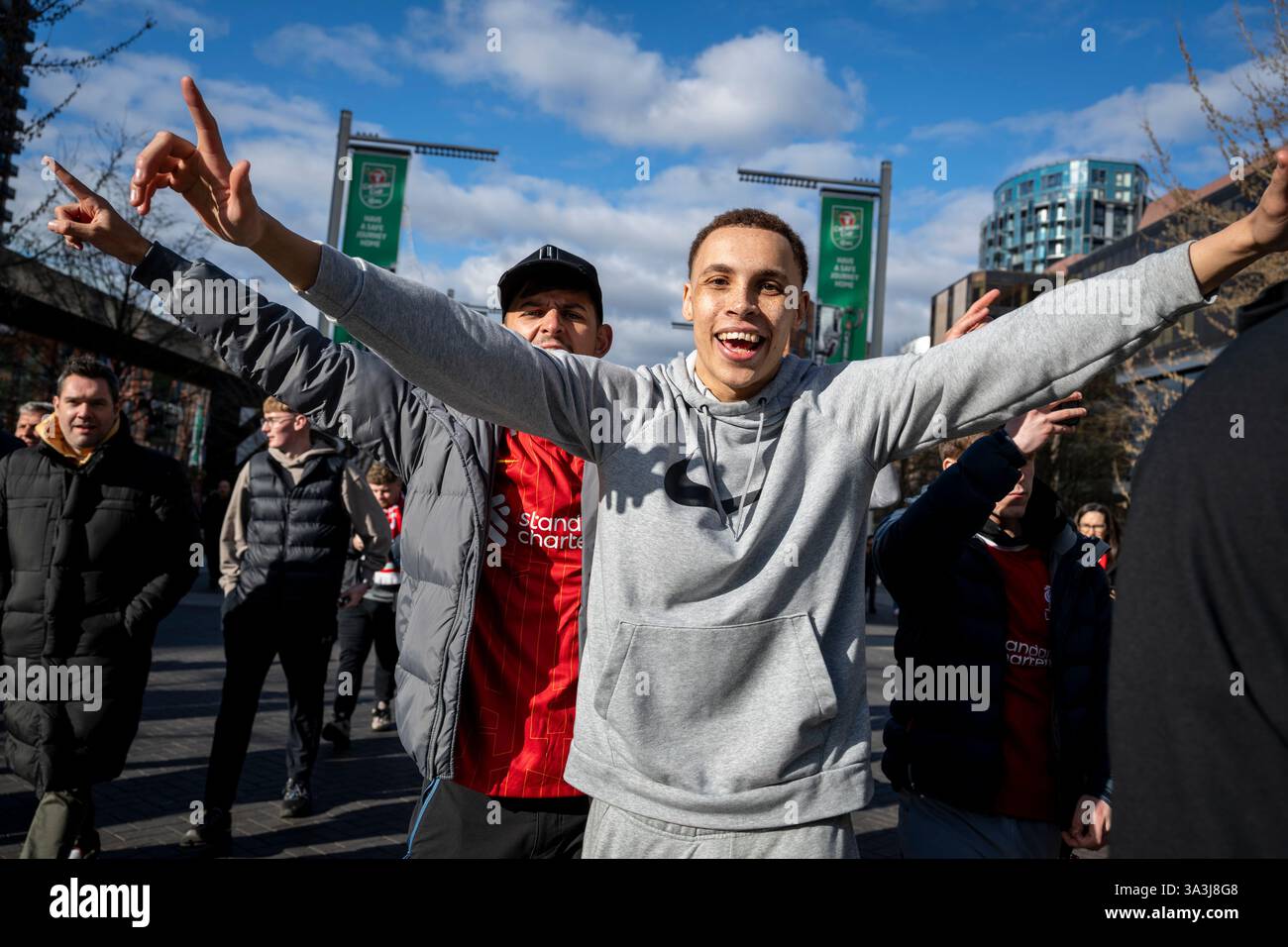 London, UK. 16 April 2025. Fans arrive on Olympic Way for Wembley ...