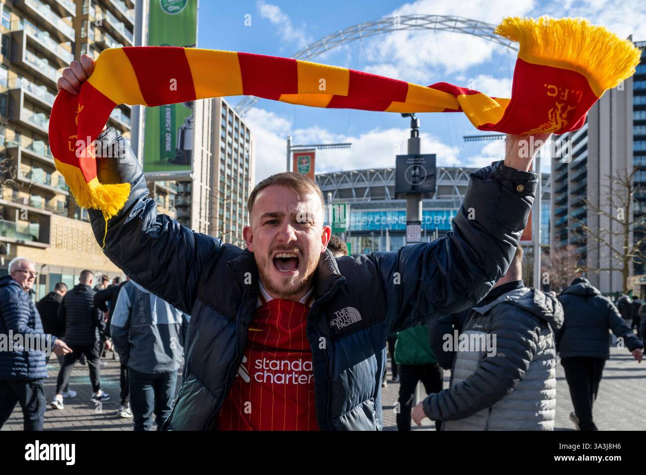 London, UK. 16 April 2025. Fans arrive on Olympic Way for Wembley ...