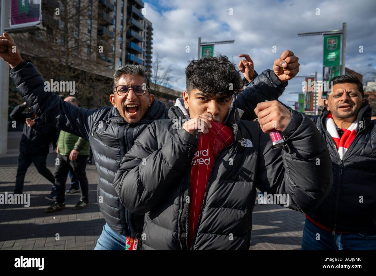 London, UK. 16 April 2025. Fans arrive on Olympic Way for Wembley ...