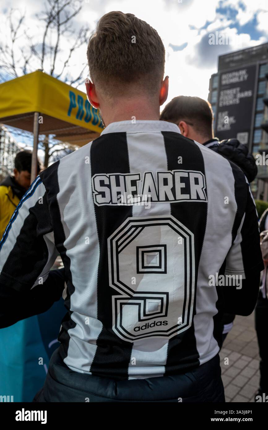 London, UK. 16 April 2025. Fans arrive on Olympic Way for Wembley ...