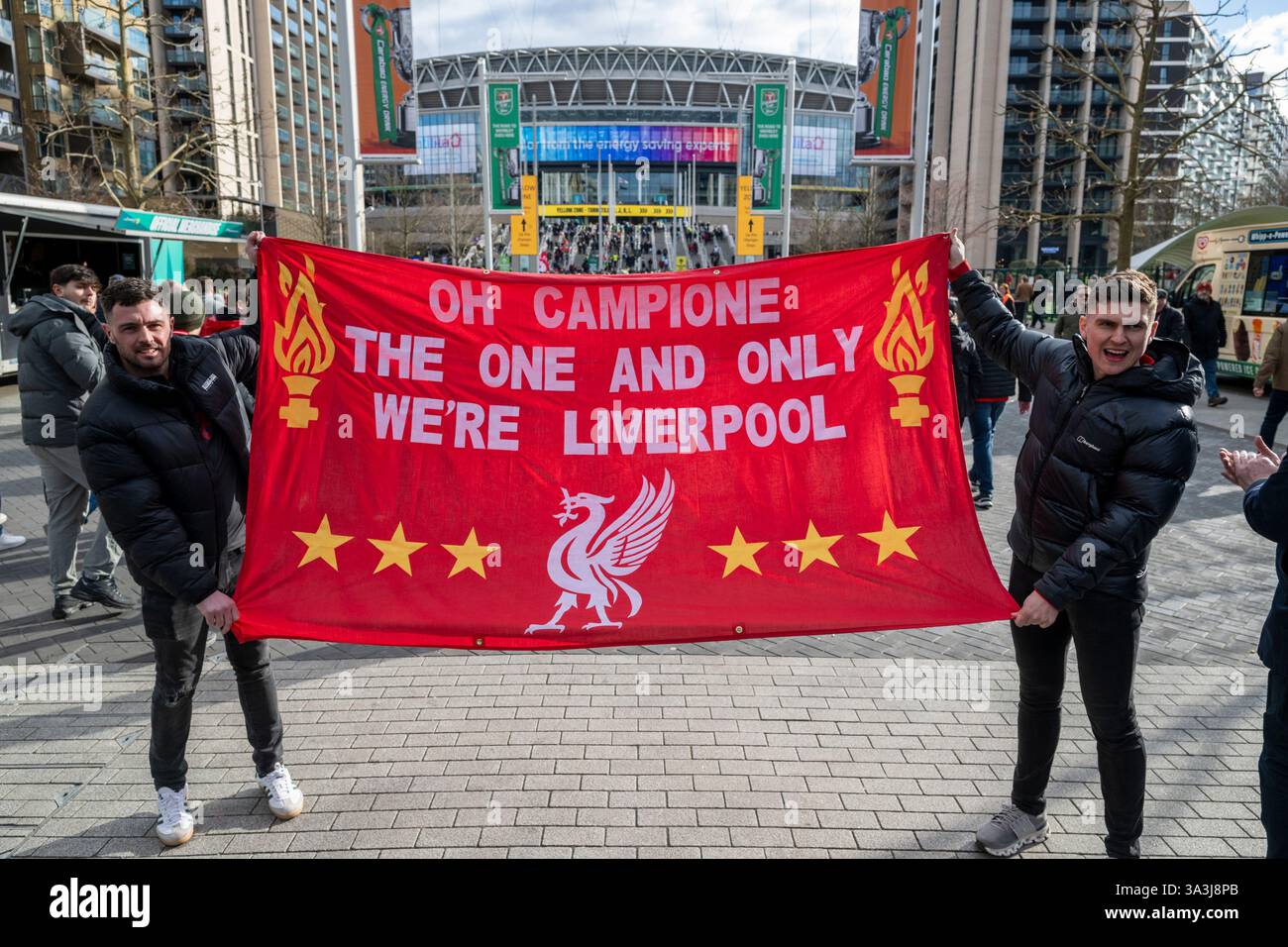 London, UK. 16 April 2025. Fans arrive on Olympic Way for Wembley ...