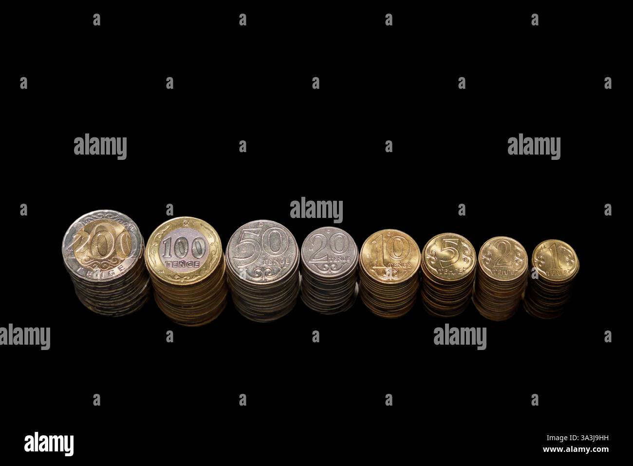 All denominations of tenge coins stand in a row. Devaluation of money ...