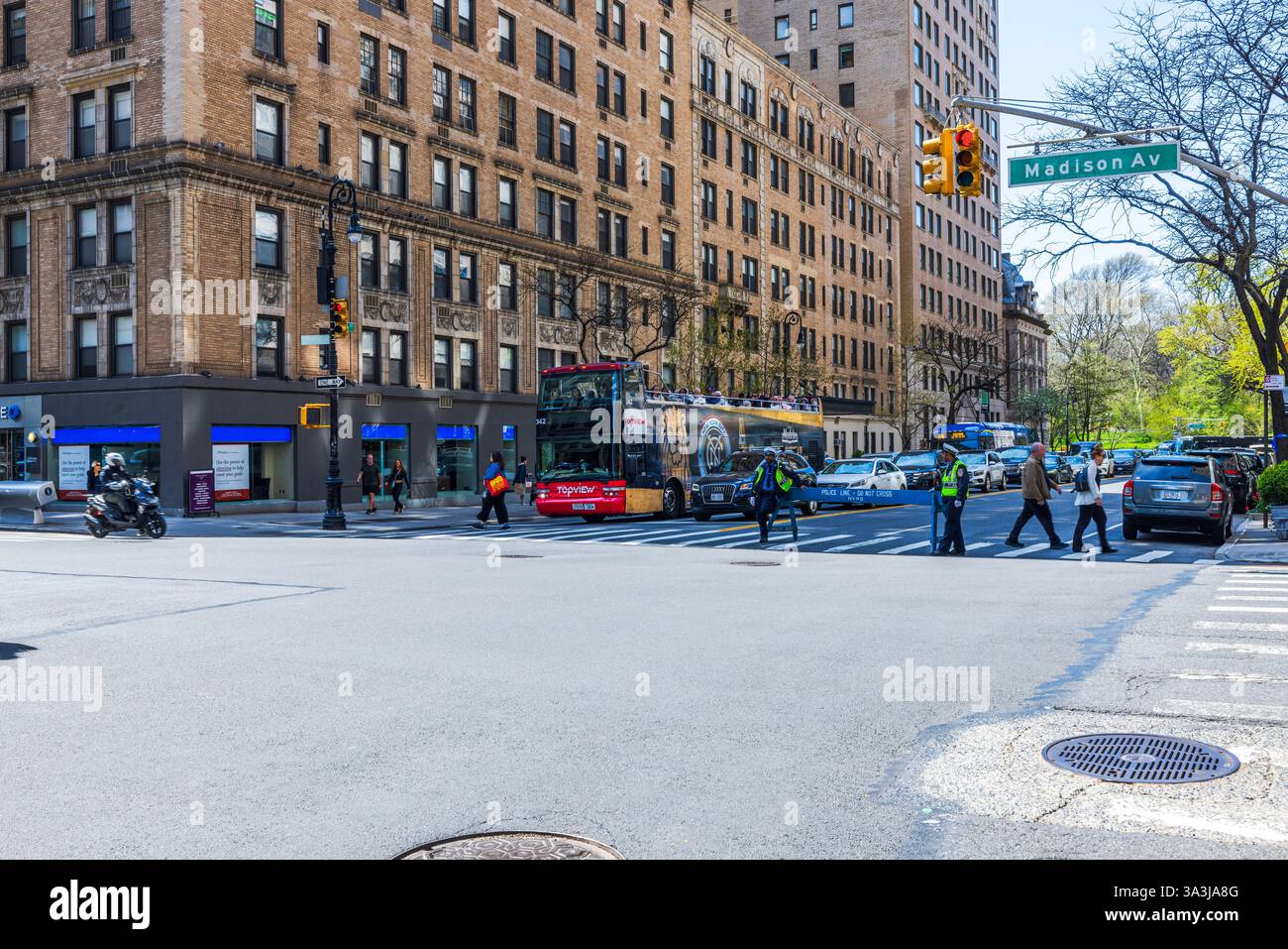 Busy intersection at Madison Avenue in New York with pedestrians, cars ...