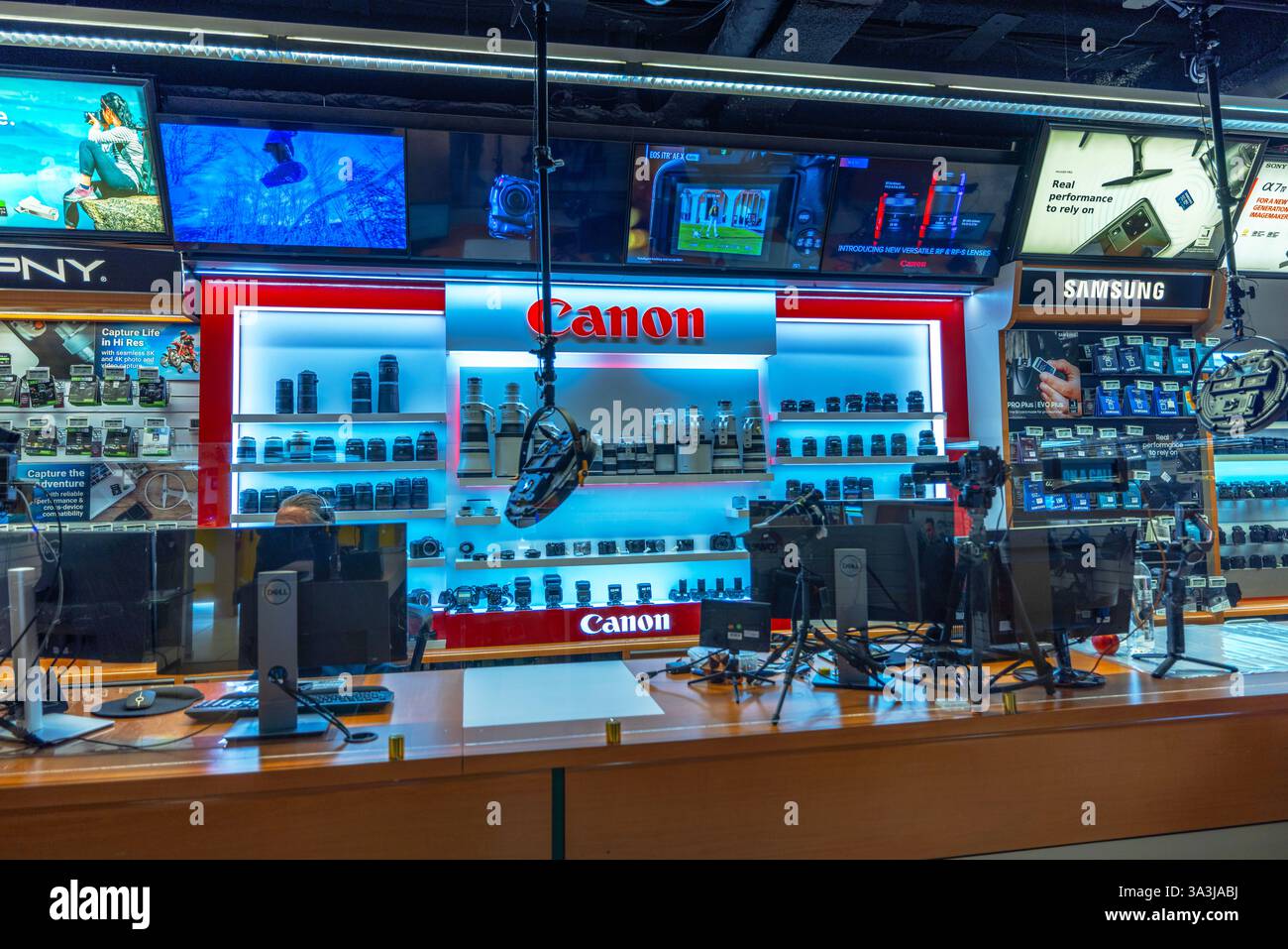 Canon display with cameras and lenses inside BH Photo Video store in ...