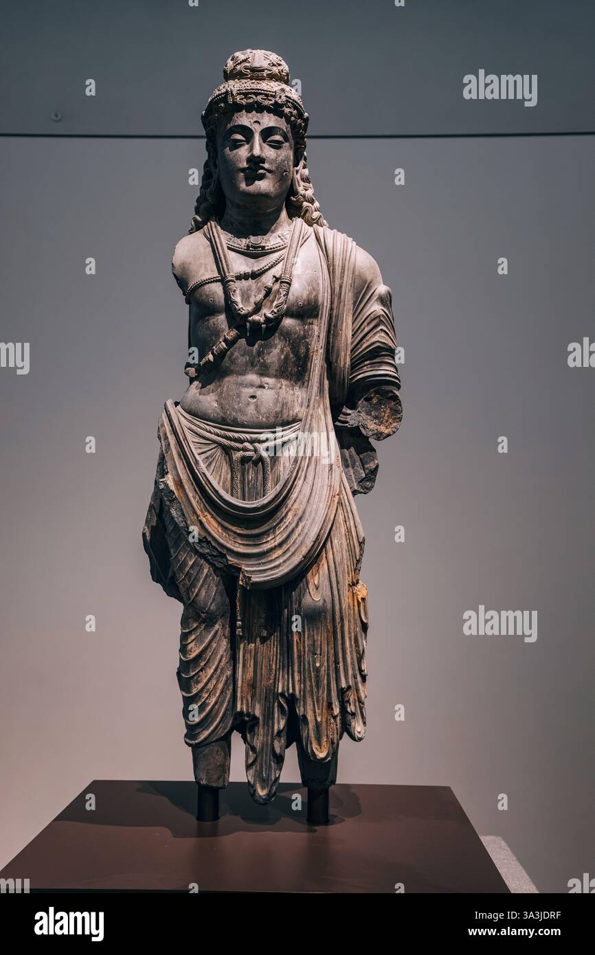 17 January 2025, Louvre museum Abu Dhabi, UAE: Grey stone statue of ...