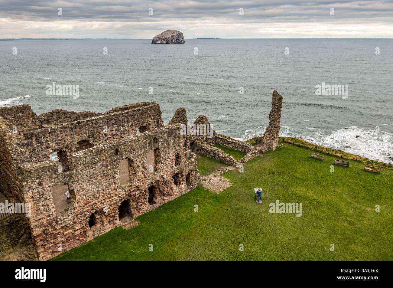 View from top of Medieval ruined Tantallon Castle with Bass Rock in ...