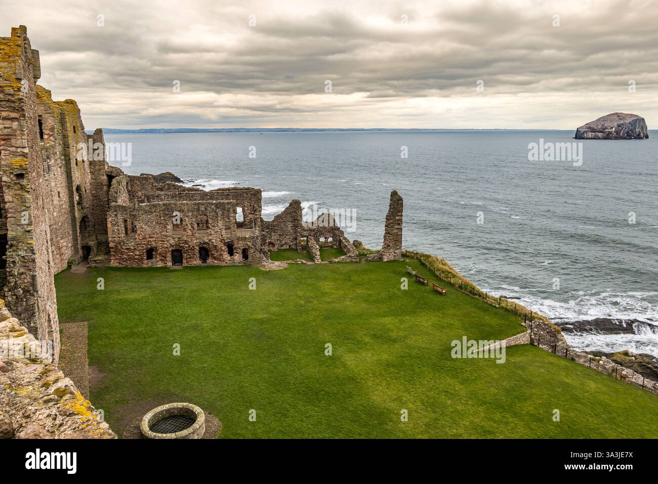 View from top of Medieval ruined curtain wall Tantallon Castle, East ...