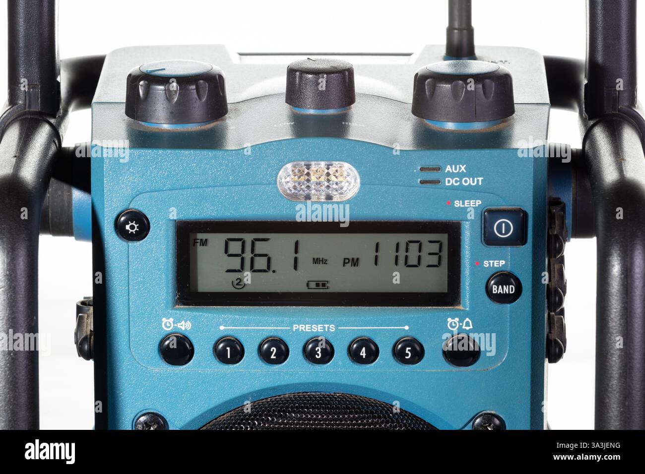 Compact blue radio with visible controls, durable build, and front ...
