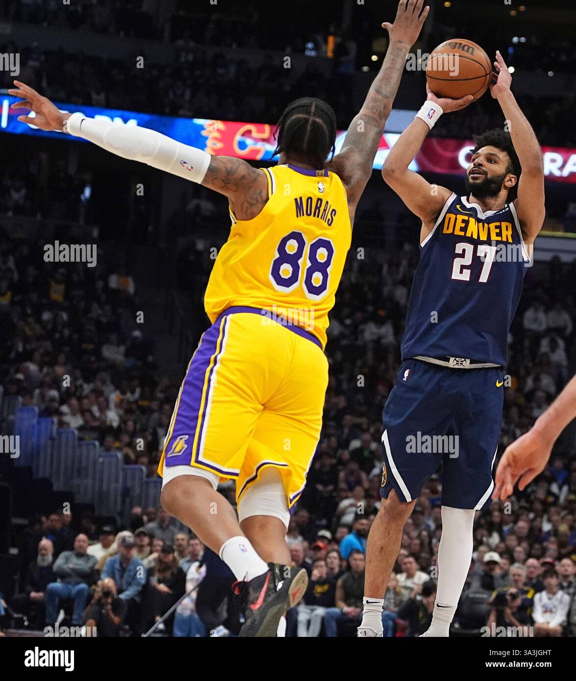 Denver Nuggets guard Jamal Murray (27) shoots over Los Angeles Lakers ...
