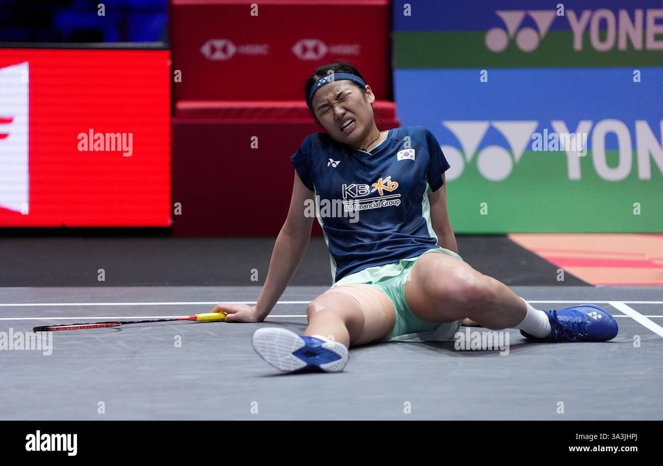 Korea's An Se-young reacts against China's Zhi Yi Wang (not pictured) during the women's singles ...