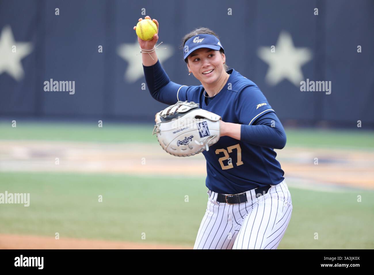 George Washington infielder Madi Mays (27) throws the ball during an ...