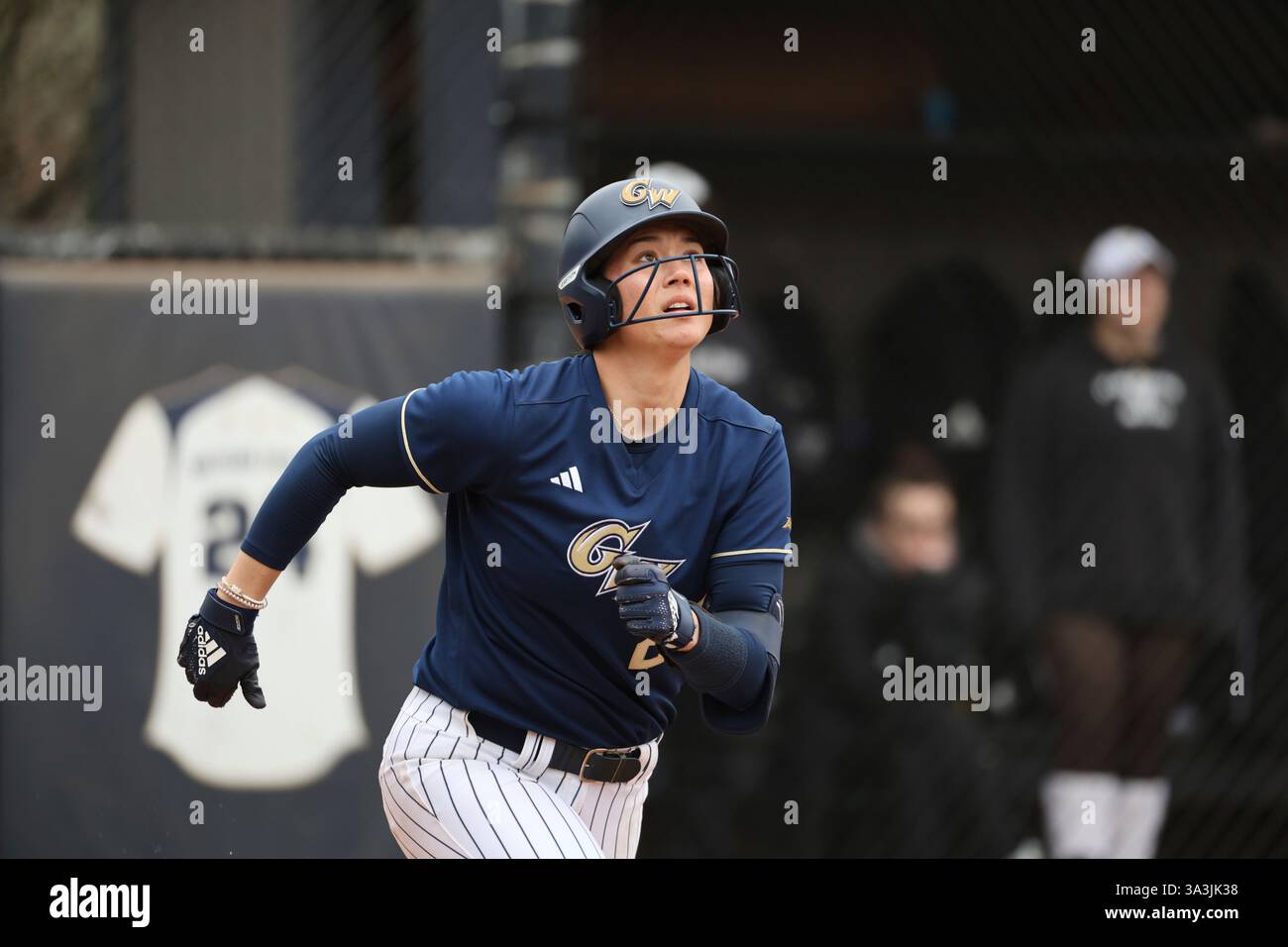 George Washington infielder Madi Mays (27) runs to first base during an ...