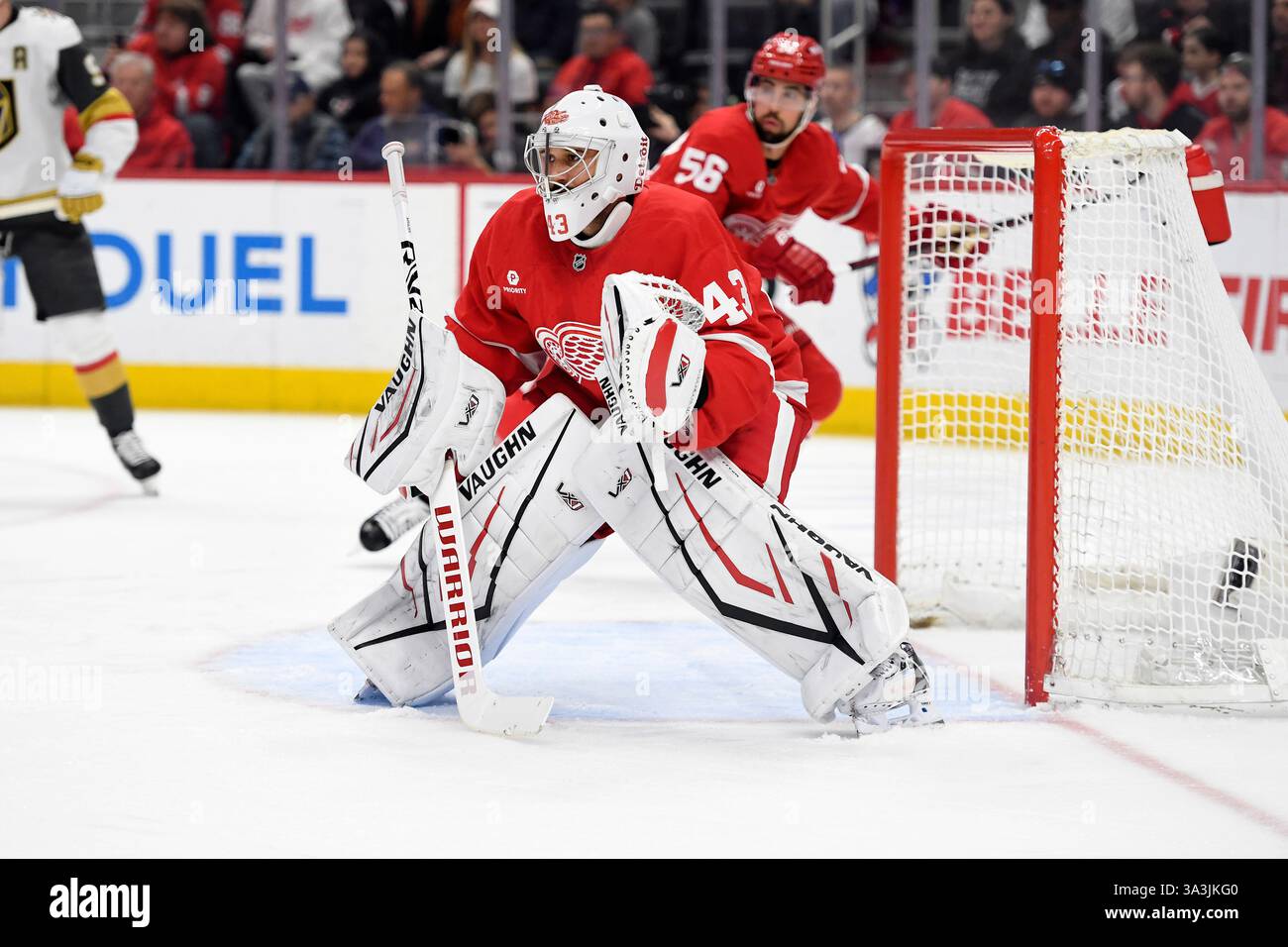 Detroit Red Wings goaltender Petr Mrazek (43) watches during the first ...