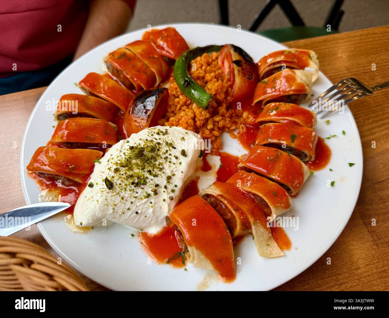 Turkish Beyti Kebap or kebab with yogurt, yoghurt served at local ...