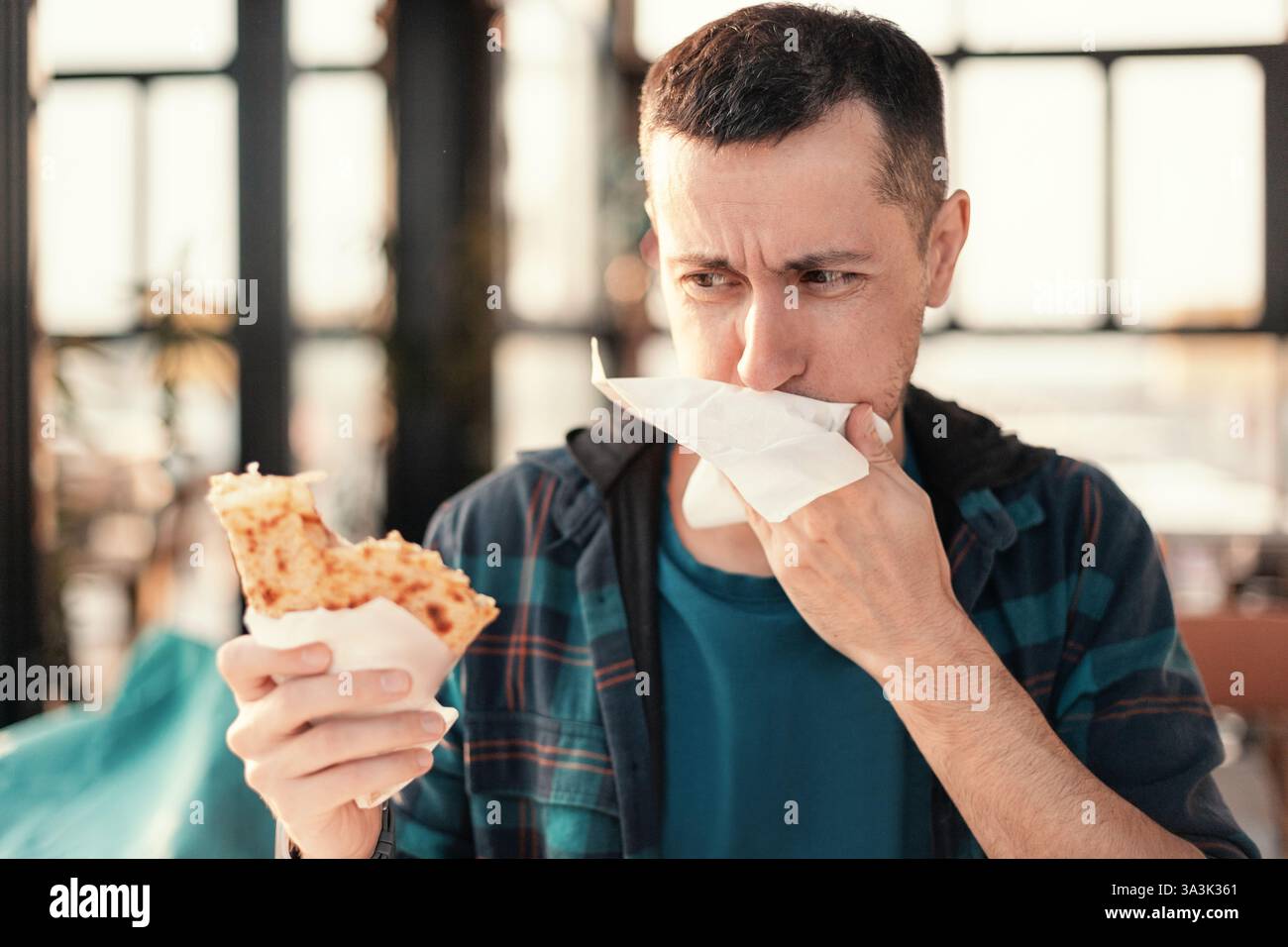 Food Poisoning Concept - Man Feeling Sick After Eating Crepe in Cafe ...