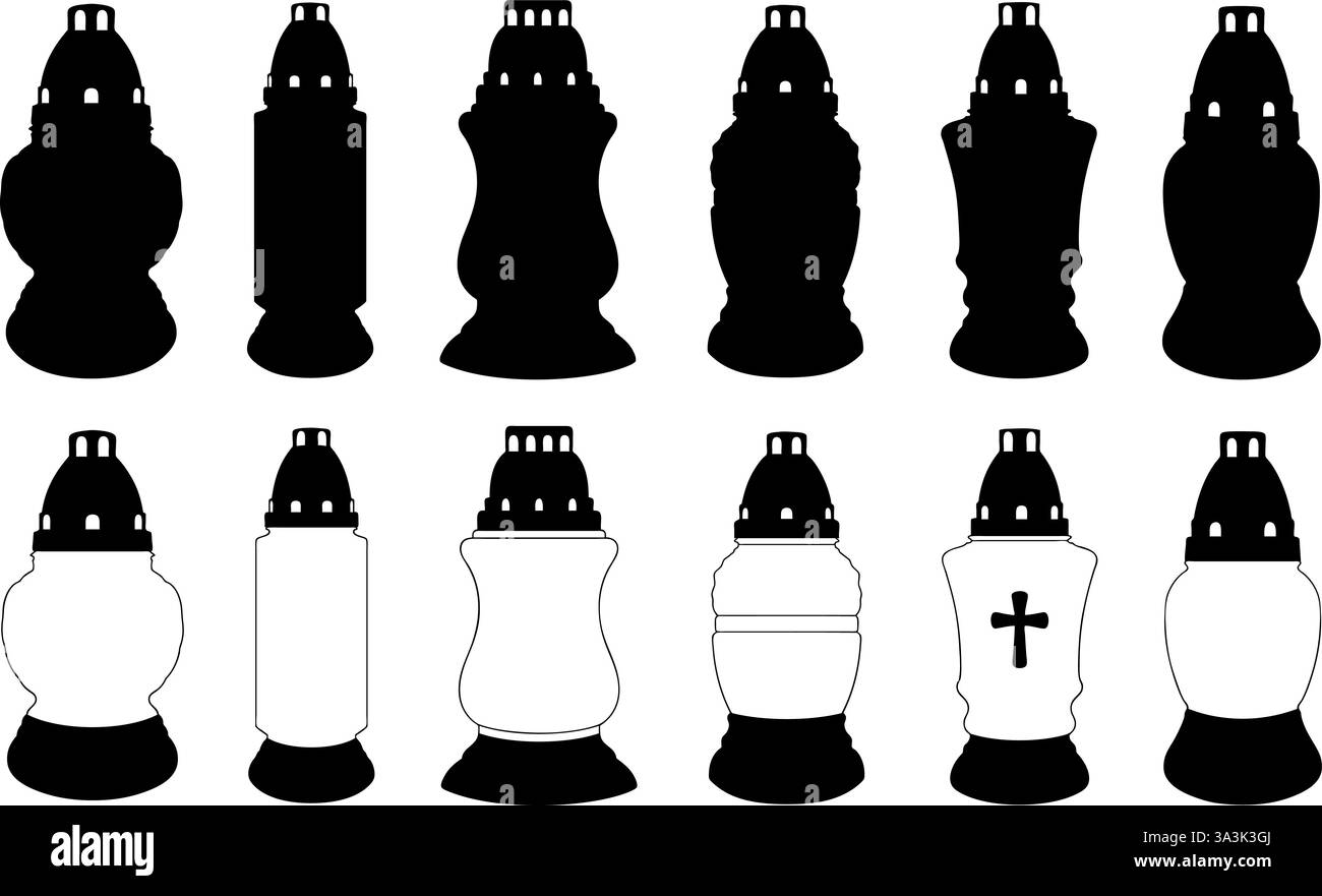 Group of different cemetery memorial candles isolated on white ...