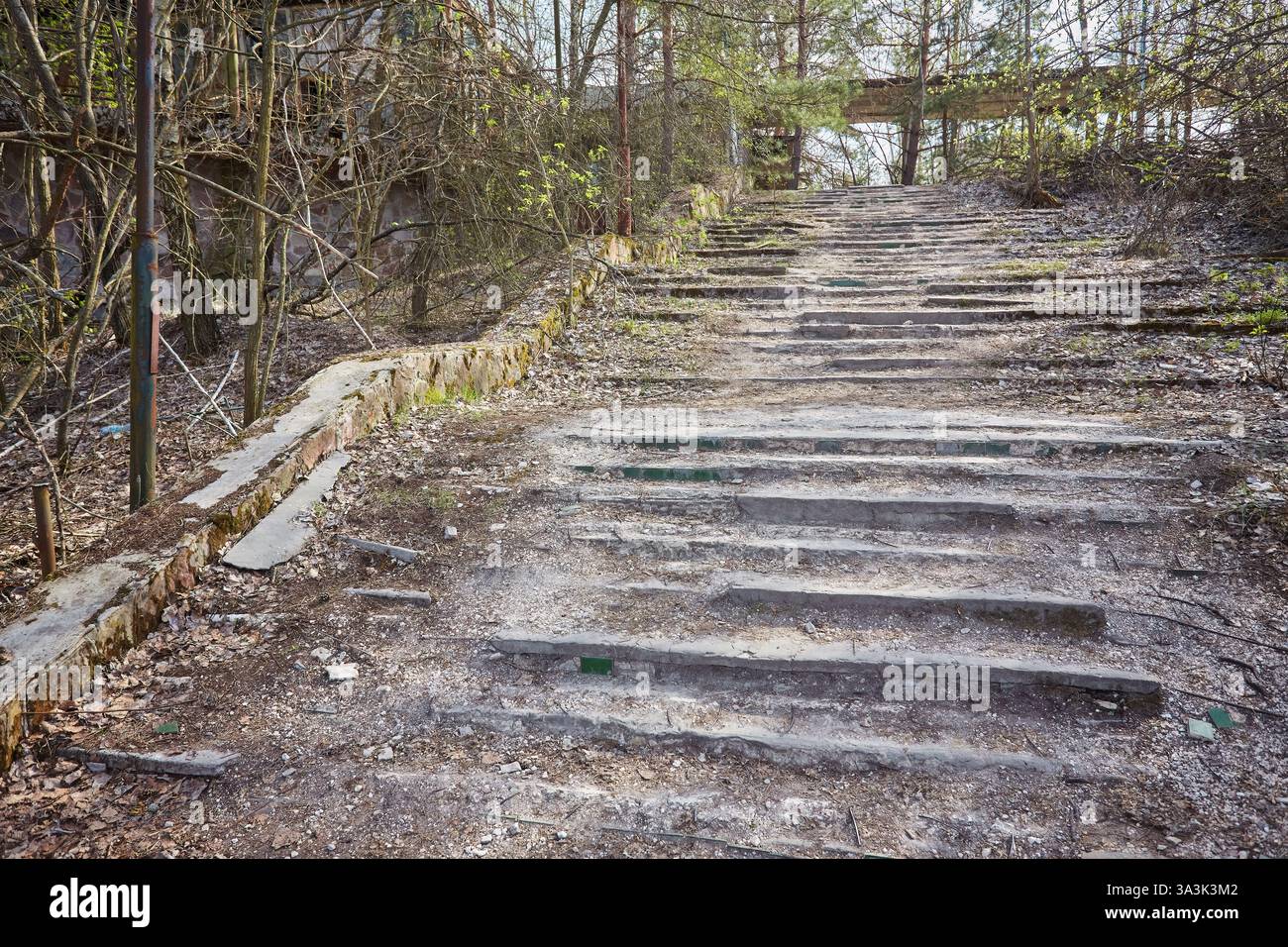 A staircase leading to nowhere in Pripyat, overgrown with vegetation ...