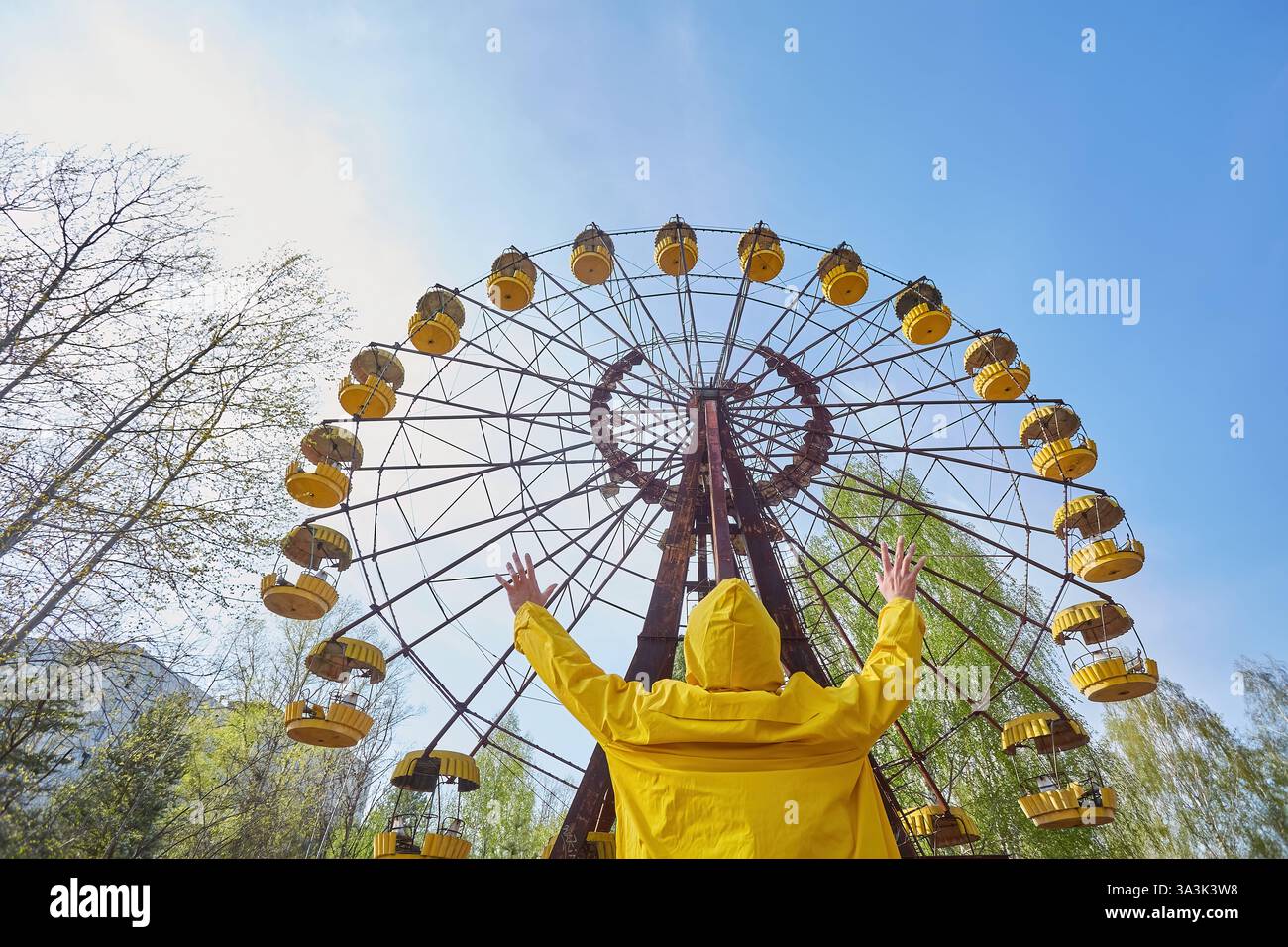 A lone researcher in a yellow protective suit stands before the Ferris ...