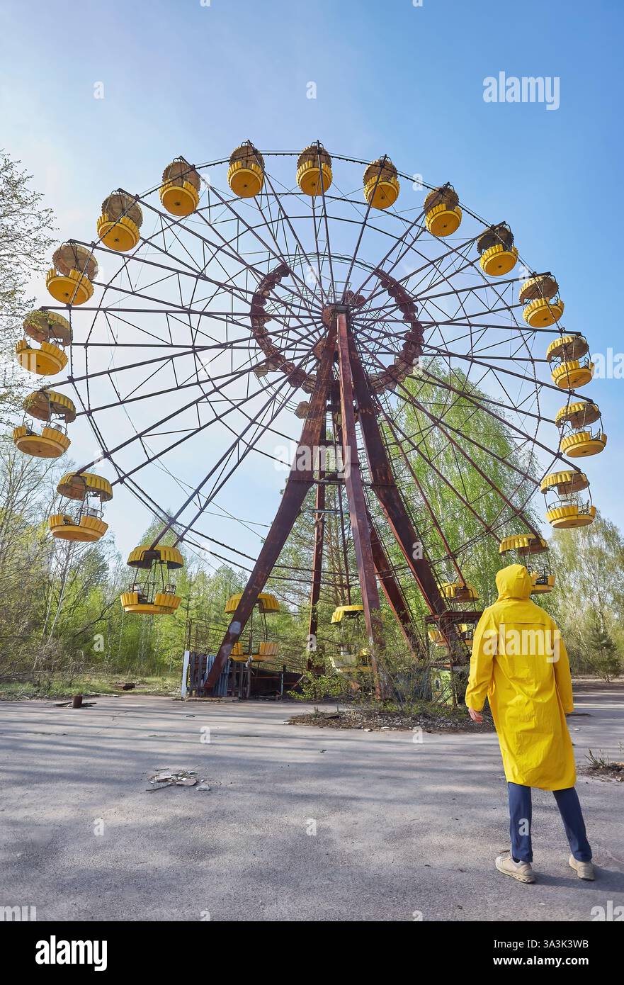 A lone figure in yellow stands before the motionless Ferris wheel in ...